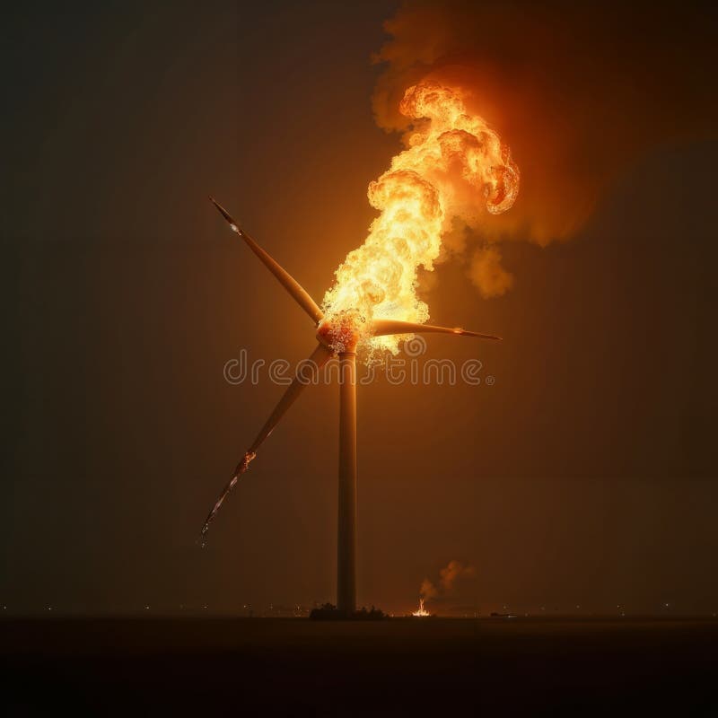 Wind Turbine on Fire Illuminated by Night Sky, Generative Ai Stock ...