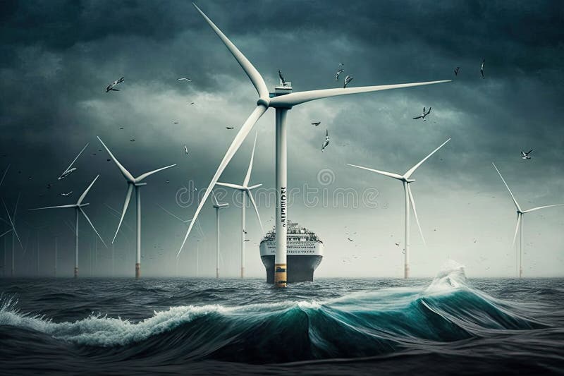 Wind Turbine Generating Electricity on Sea. Ai Generative Stock ...