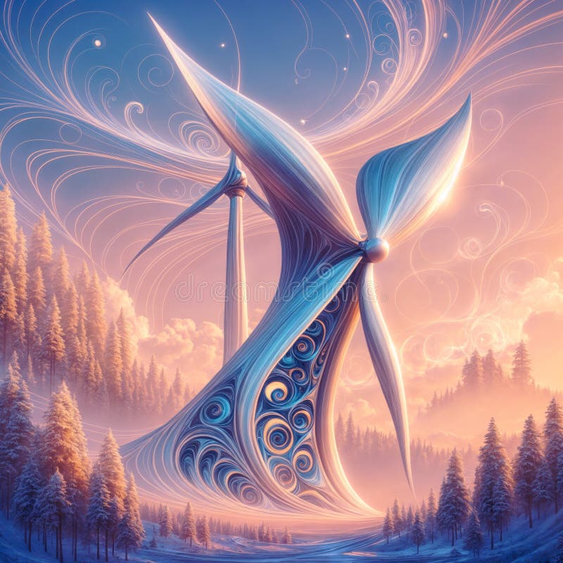 Wind Turbine in the Winter Forest. 3D Rendering. Computer Digital ...