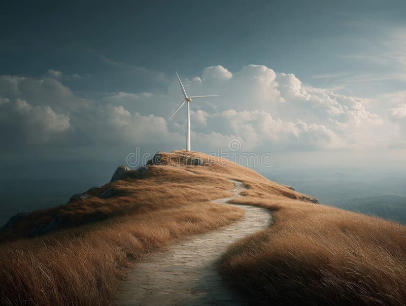 Wind Turbine on a Hilltop Path Stock Illustration - Illustration of ...