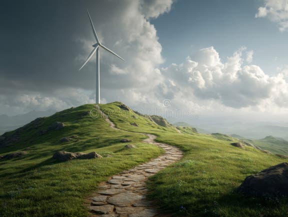 Wind Turbine on a Hilltop Path Stock Illustration - Illustration of ...