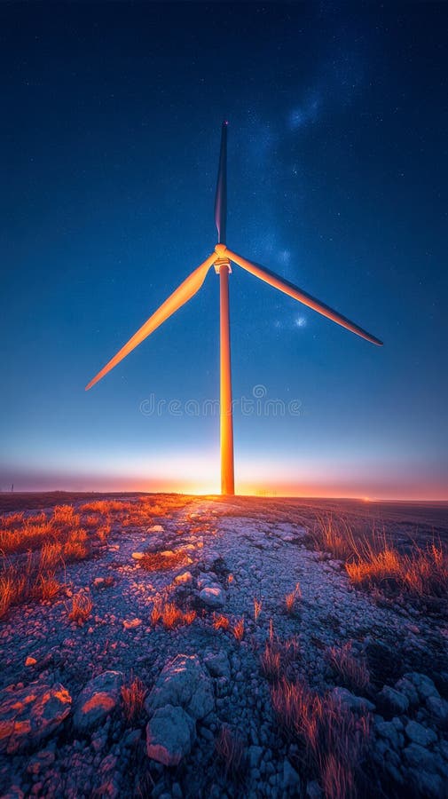 Wind Turbine in Illuminated Desert Landscape Under a Starry Night Sky ...