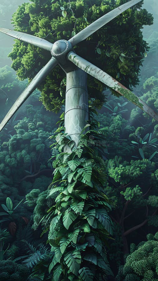 Wind Turbine Overgrown with Lush Green Foliage in Dense Forest Stock ...