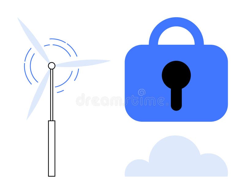 Wind Turbine and Padlock with Cloud in Minimalist Design Highlighting ...