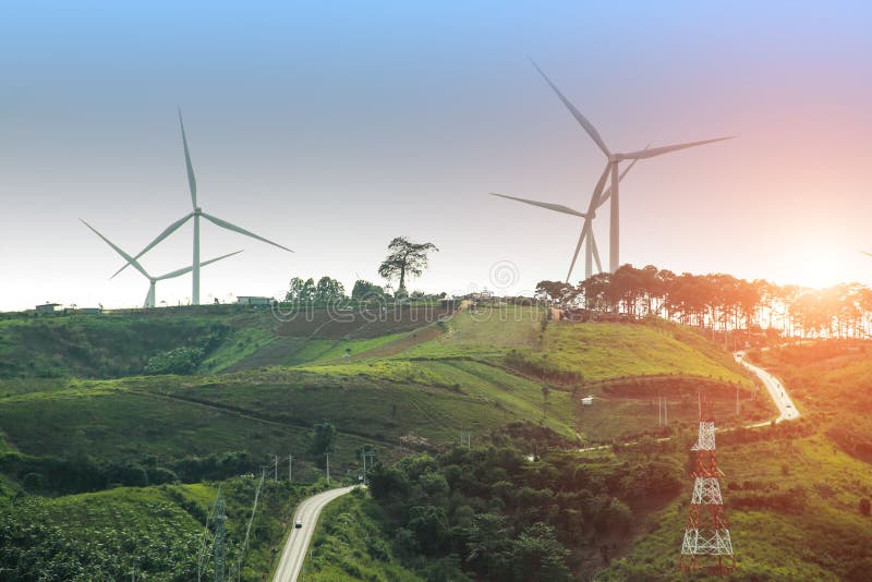 Wind Turbine Power Generator Farm at Sunset Background Stock Image ...