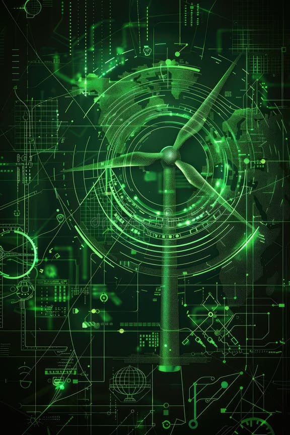 Wind Turbine Schematic with Digital Interface and Green Overlay. Stock ...