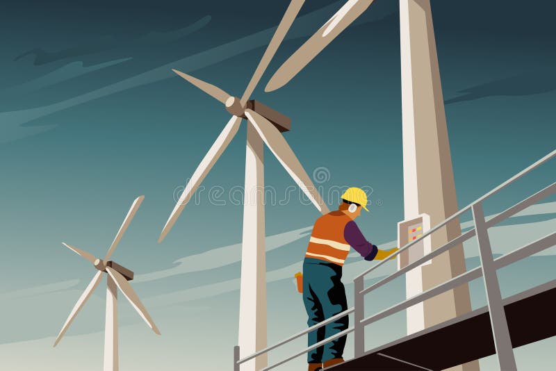 Wind Turbine Service Worker Working in the Field Vector Illustration ...