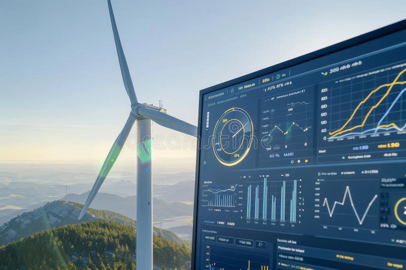 A Wind Turbine is Shown on a Computer Screen with a Lot of Graphs and ...