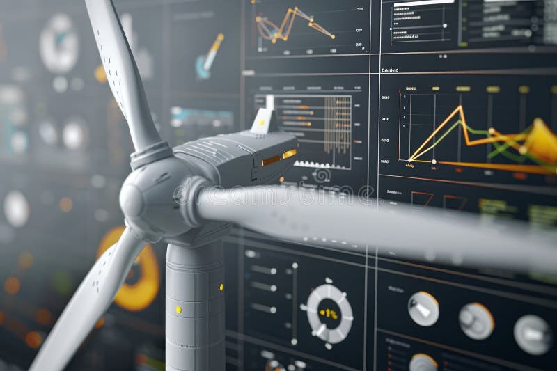 A Wind Turbine is Shown on a Computer Screen with Various Graphs and ...
