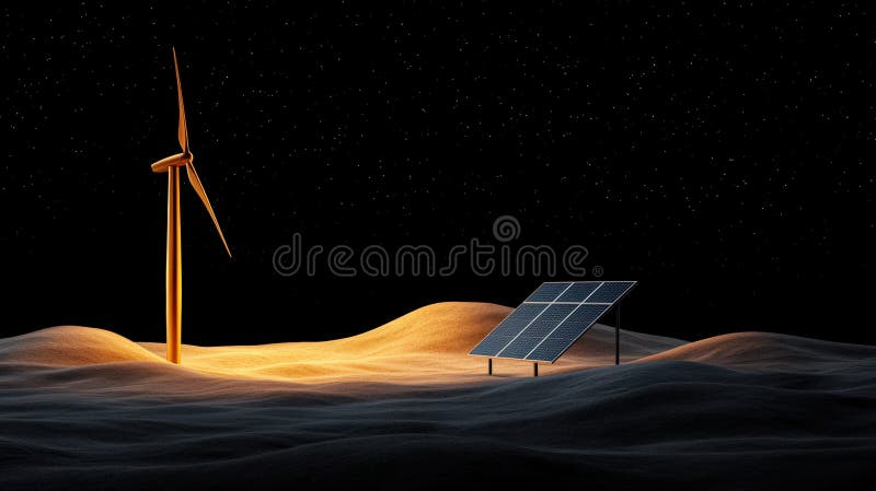 Wind Turbine and Solar Panel Set Against a Dark Desert Landscape Stock ...