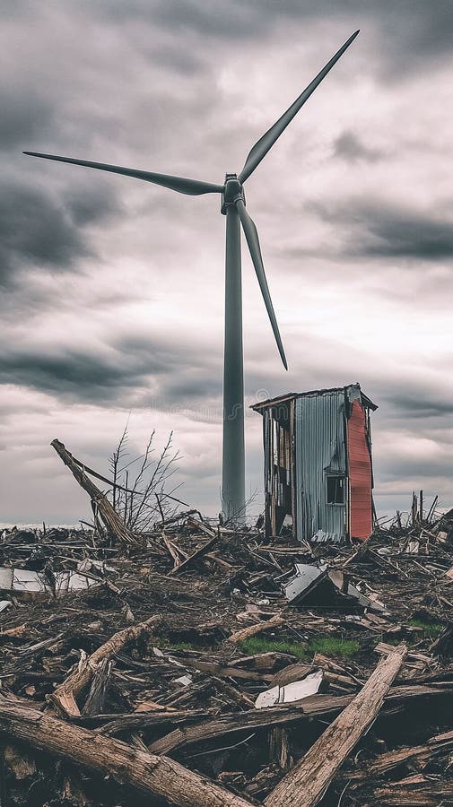 Wind Turbine Standing Amid Debris with Its Structure Showing Visible ...