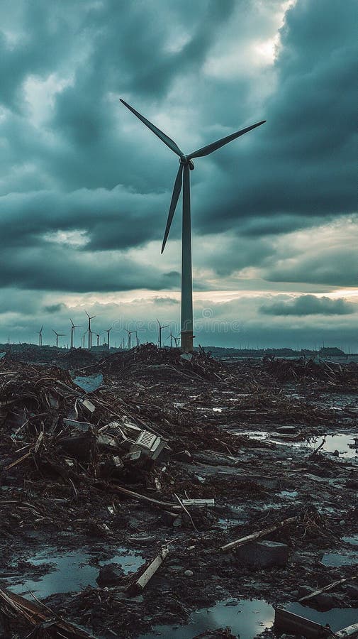 Wind Turbine Standing Amid Debris with Its Structure Showing Visible ...