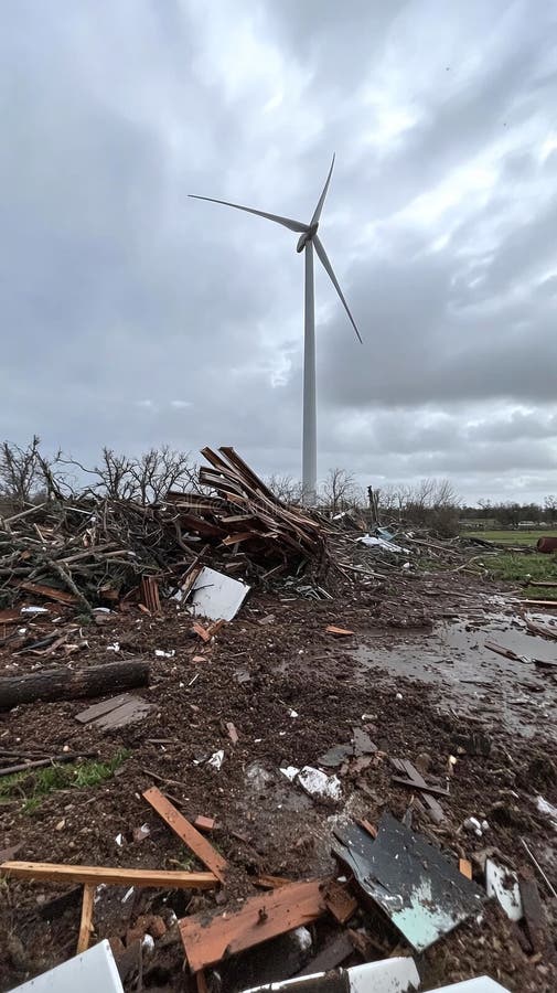 Wind Turbine Standing Amid Debris with Its Structure Showing Visible ...