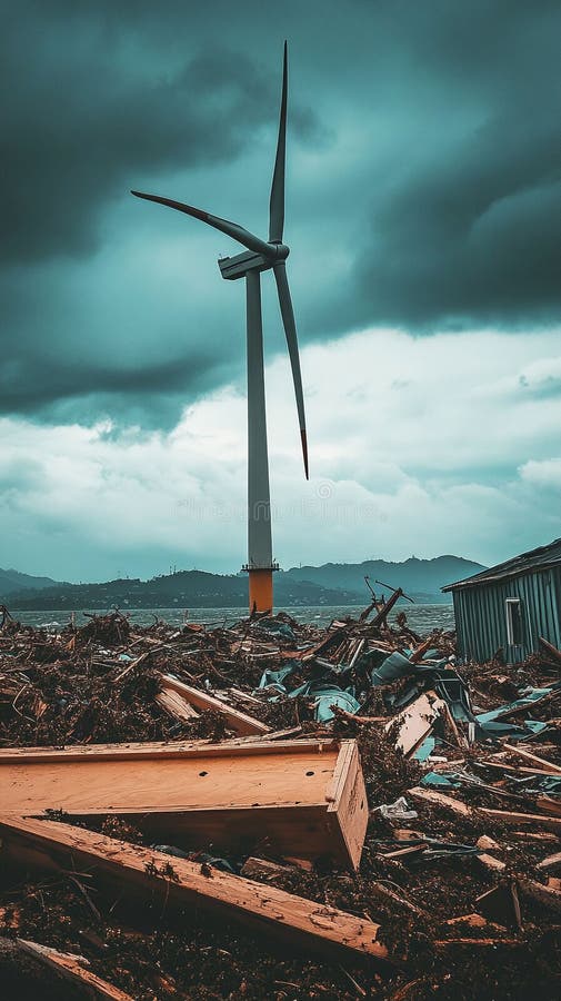 Wind Turbine Standing Amid Debris with Its Structure Showing Visible ...