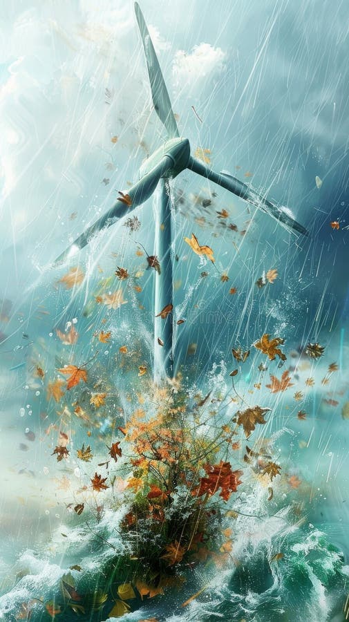 Wind Turbine in a Storm with Autumn Leaves, Dynamic and Powerful ...