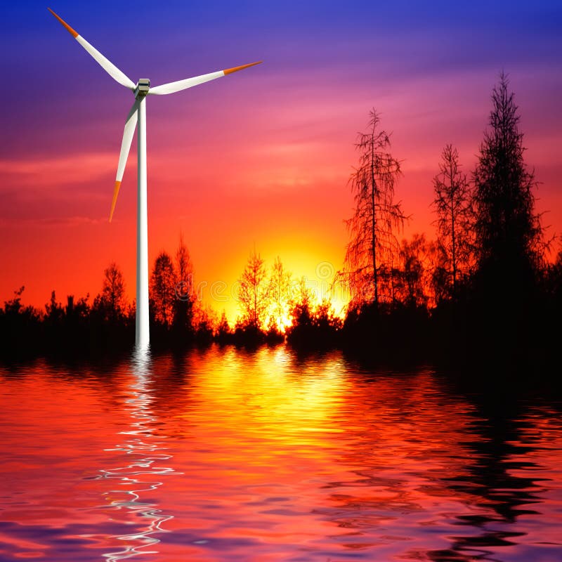 Wind turbine at sunset stock photo. Image of resource - 33641970