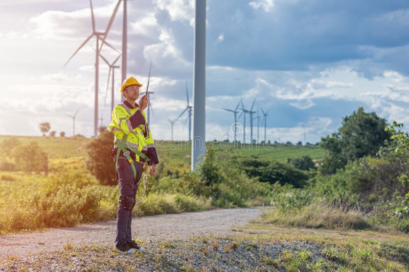 Wind Turbine Technician Checking Service. Engineer Team Professional ...