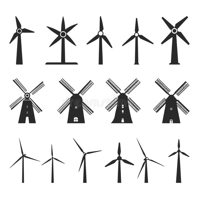 Wind Turbine Vector Silhouettes. Windmill Vector Icons Stock ...