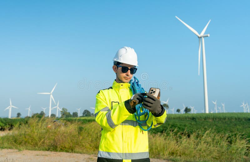Wind Turbine or Windmill Engineer Worker Hold and Look To Mobile Phone ...