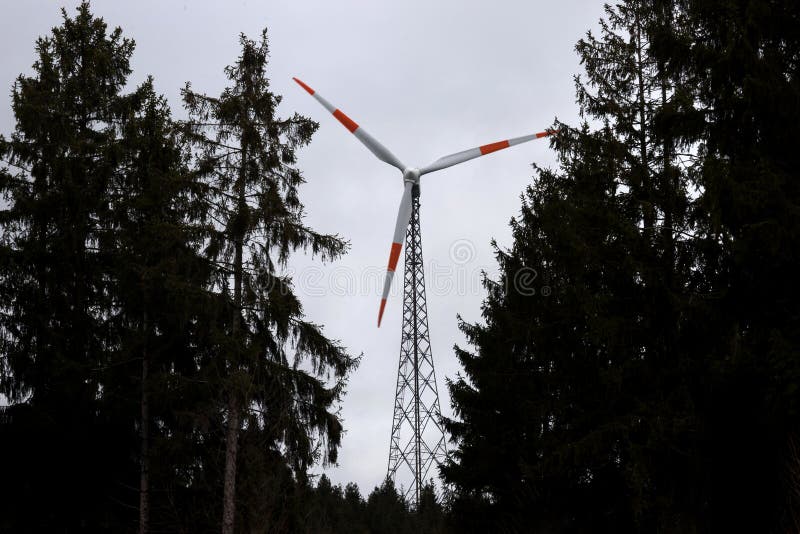 Wind Turbine in Winter Forest Stock Image - Image of environment ...