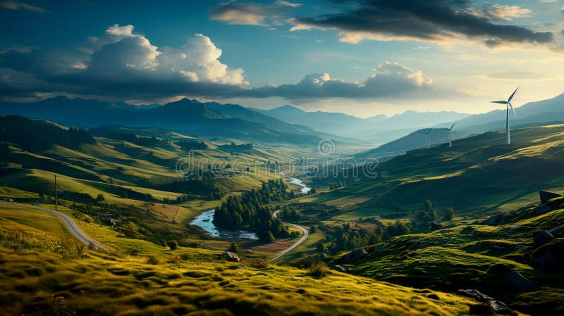 Wind Turbines Against a Backdrop of Rolling Hills, Harnessing the Power ...