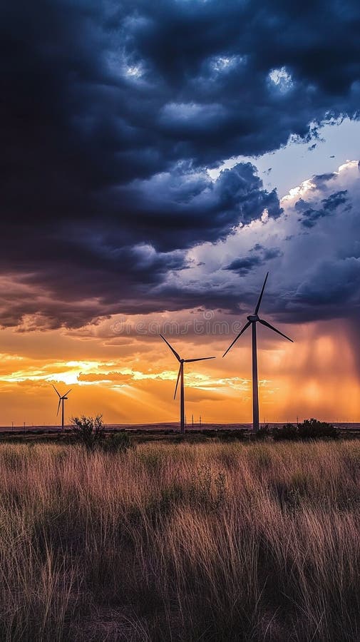 Wind Turbines Against a Dramatic Backdrop of Thunderclouds and an ...