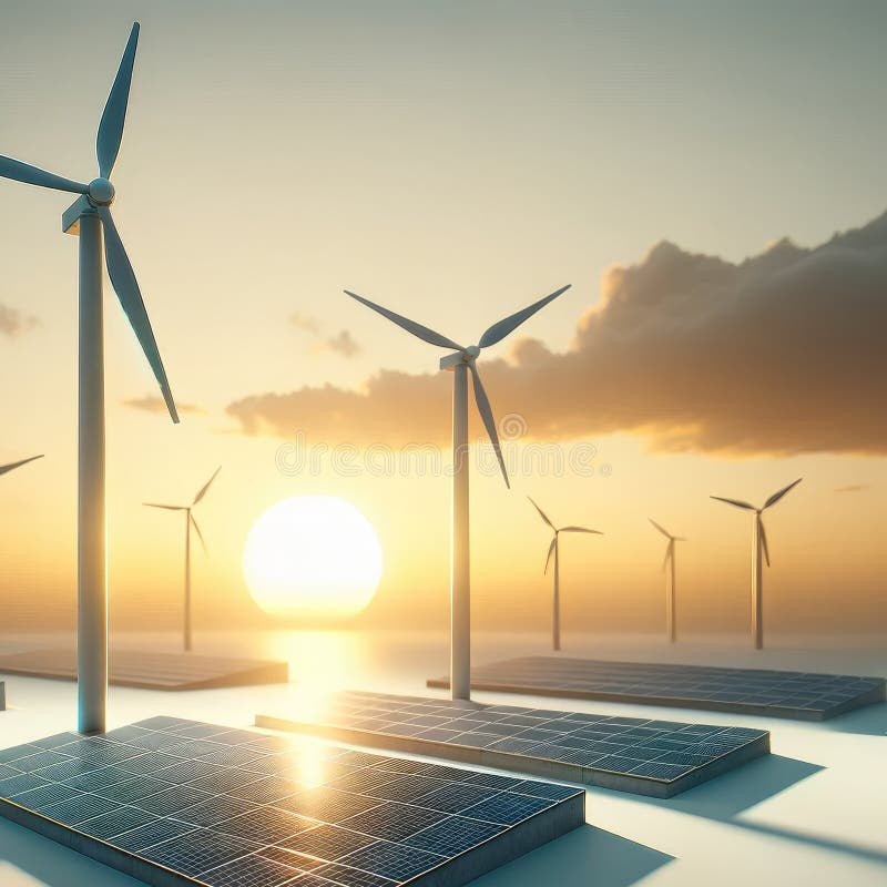 Clean Energy Landscape: Solar Panes Grid and Windmill Wind Turbines ...