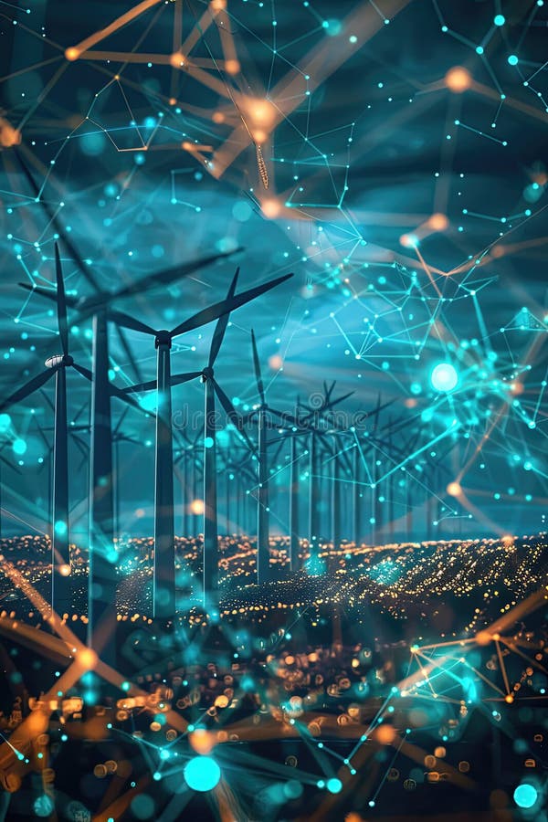 Wind Turbines Amidst a Network of Glowing Connections. Stock Photo ...