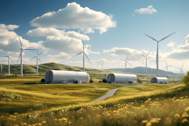 Wind Turbines Connected To Energy Storage System Stock Photo - Image of ...