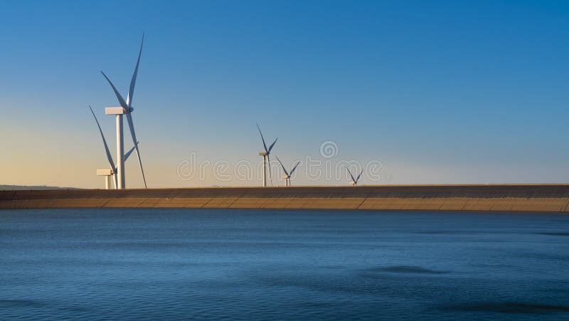 Wind Turbines on the Dam Ridge Stock Photo - Image of global, goals ...