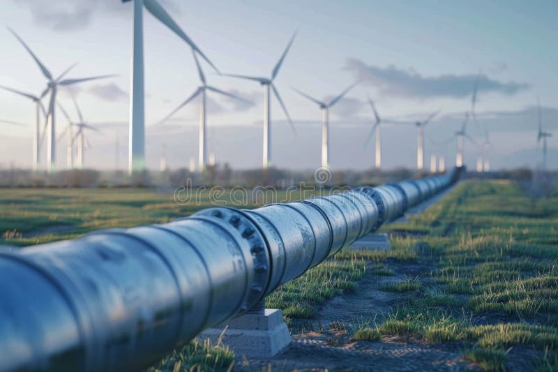 Wind Turbines at Dawn with Pipeline Over Green Field Stock Image ...