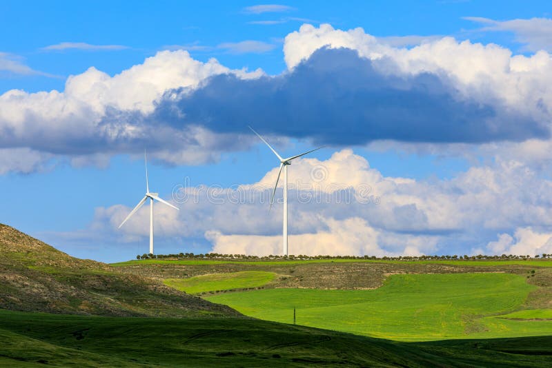 Wind Turbines in Day of Blue Sky, Wind and Clouds. Stock Photo - Image ...