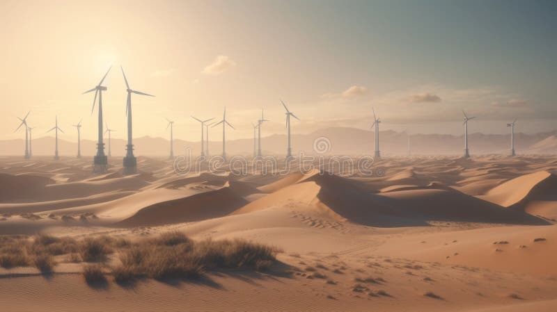 Wind Turbines in the Desert, Renewable Energy Concept. Generative AI ...