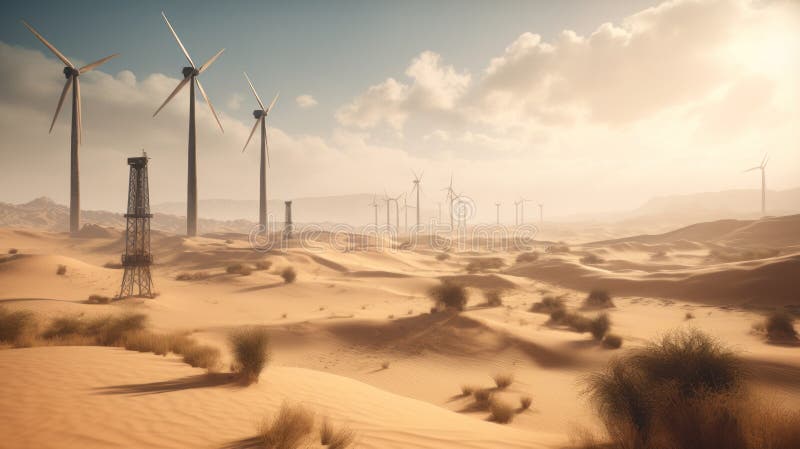 Wind Turbines in the Desert, Renewable Energy Concept. Generative AI ...