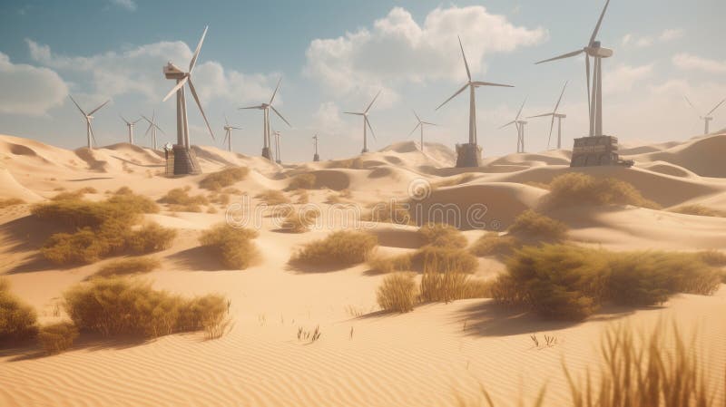 Wind Turbines in the Desert, Renewable Energy Concept. Generative AI ...
