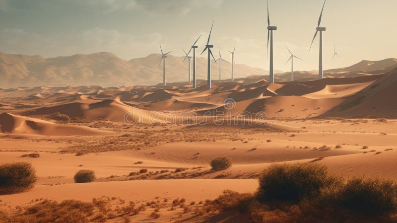 Wind Turbines in the Desert, Renewable Energy Concept. Generative AI ...