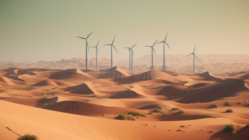 Wind Turbines in the Desert, Renewable Energy Concept. Generative AI ...