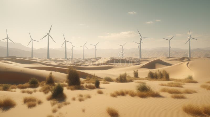 Wind Turbines in the Desert, Renewable Energy Concept. Generative AI ...