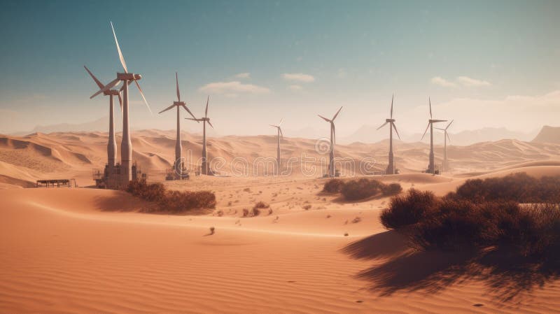 Wind Turbines in the Desert, Renewable Energy Concept. Generative AI ...