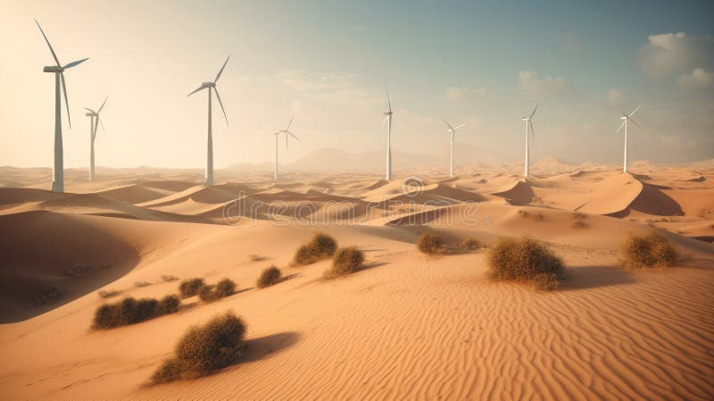 Wind Turbines in the Desert, Renewable Energy Concept. Generative AI ...