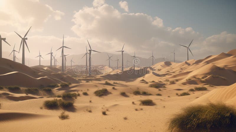 Wind Turbines in the Desert, Renewable Energy Concept. Generative AI ...