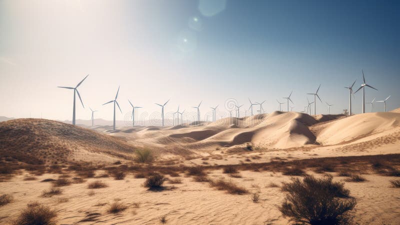 Wind Turbines in the Desert, Renewable Energy Concept. Generative AI ...