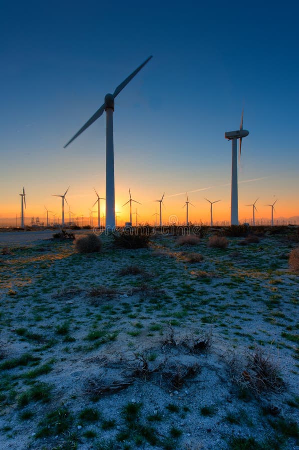 Wind Turbines in Desert during Sunrise Time Stock Photo - Image of ...