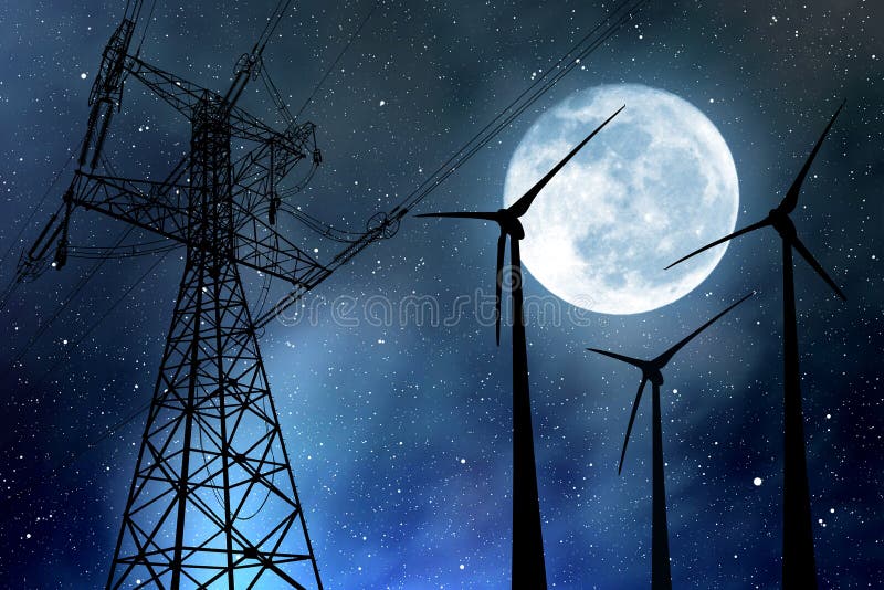 Wind Turbines and Electricity Pylon in the Night Sky Stock Photo ...