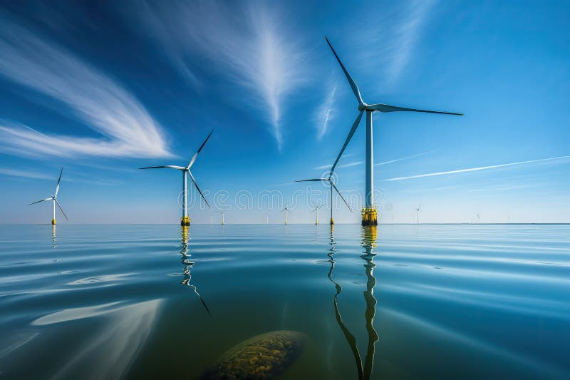 Wind Turbines Farm on a Calm Water of a Lake. Ai Generated Stock ...