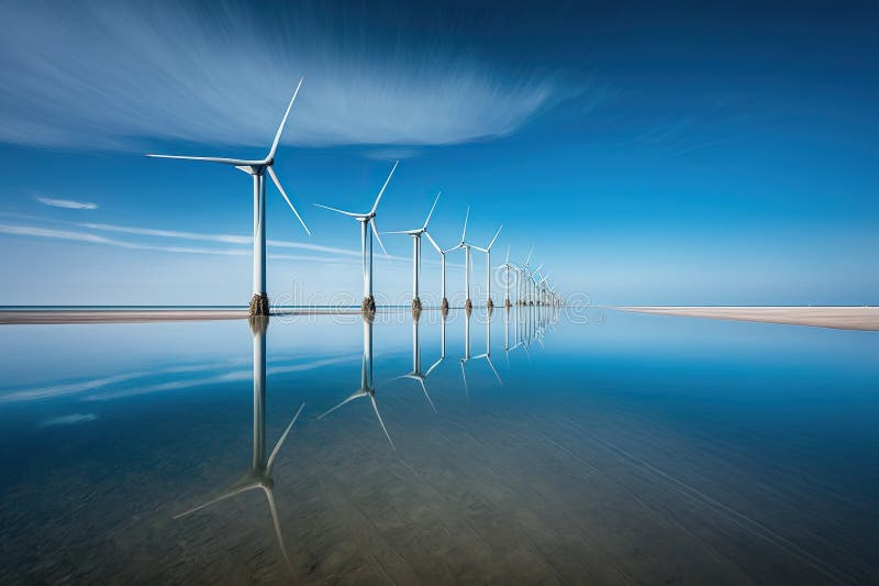 Wind Turbines Farm on a Calm Water of a Lake. Ai Generated Stock ...