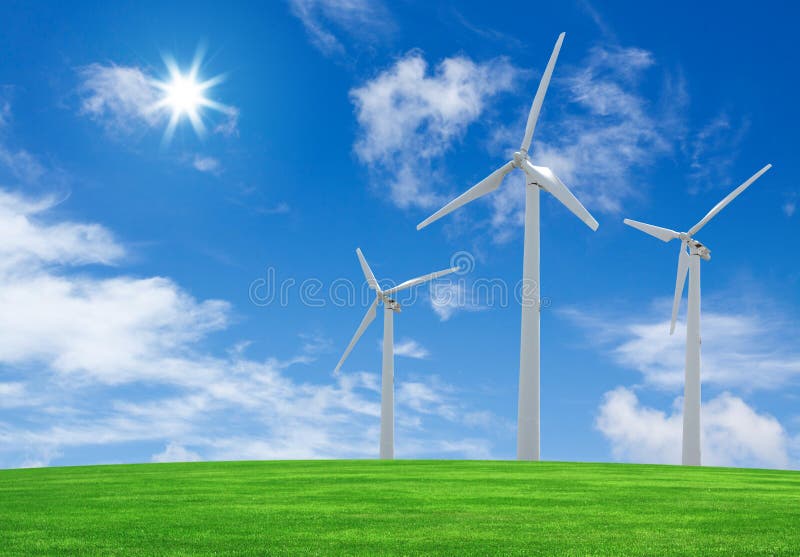 Wind Turbines Farm on Green Field Stock Photo - Image of generate ...