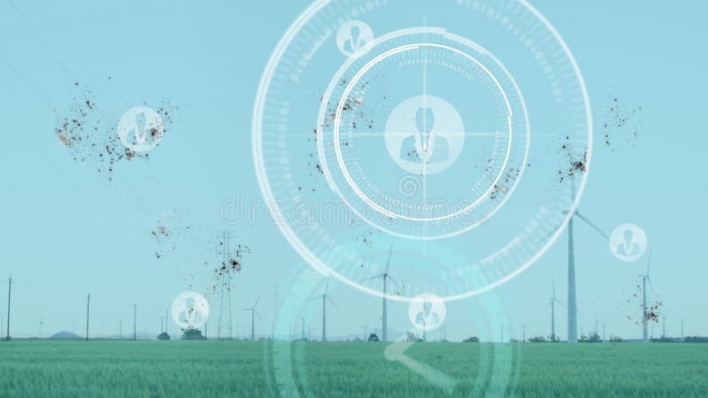 Wind Turbines in Field with Digital Network Interface Overlay Animation ...