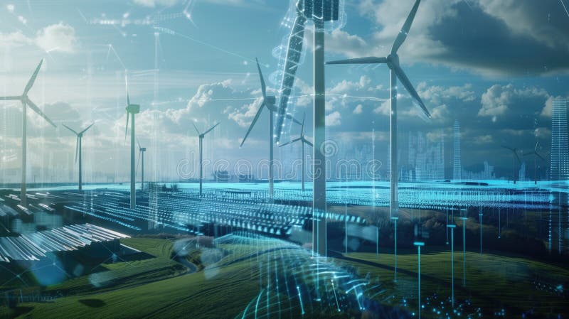 Wind Turbines in a Field with Digital Overlay of Renewable Energy Data ...