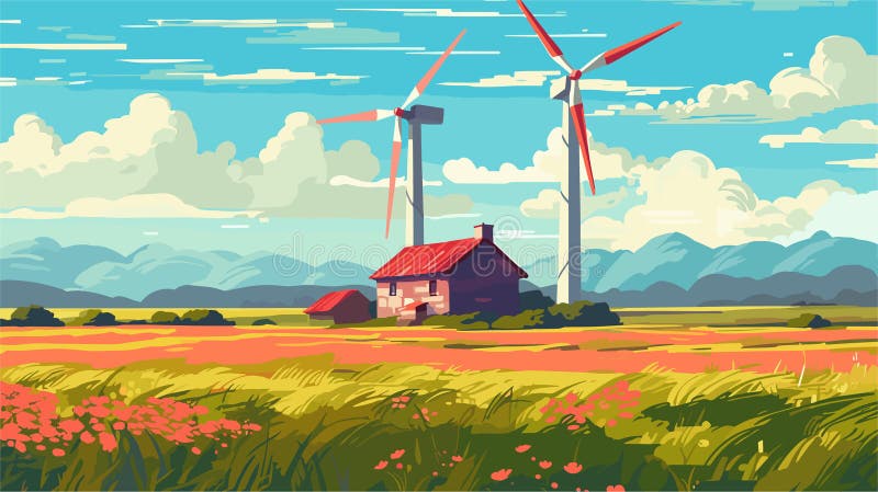 Drawing of a House with a Wind Generator Vector Stock Vector ...